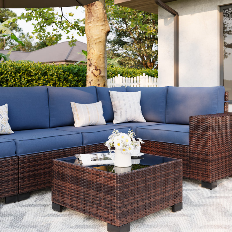 Latitude Run® Earling 5 - Person Modular Wide Armrest Outdoor Rattan Sectional Seating Group ...